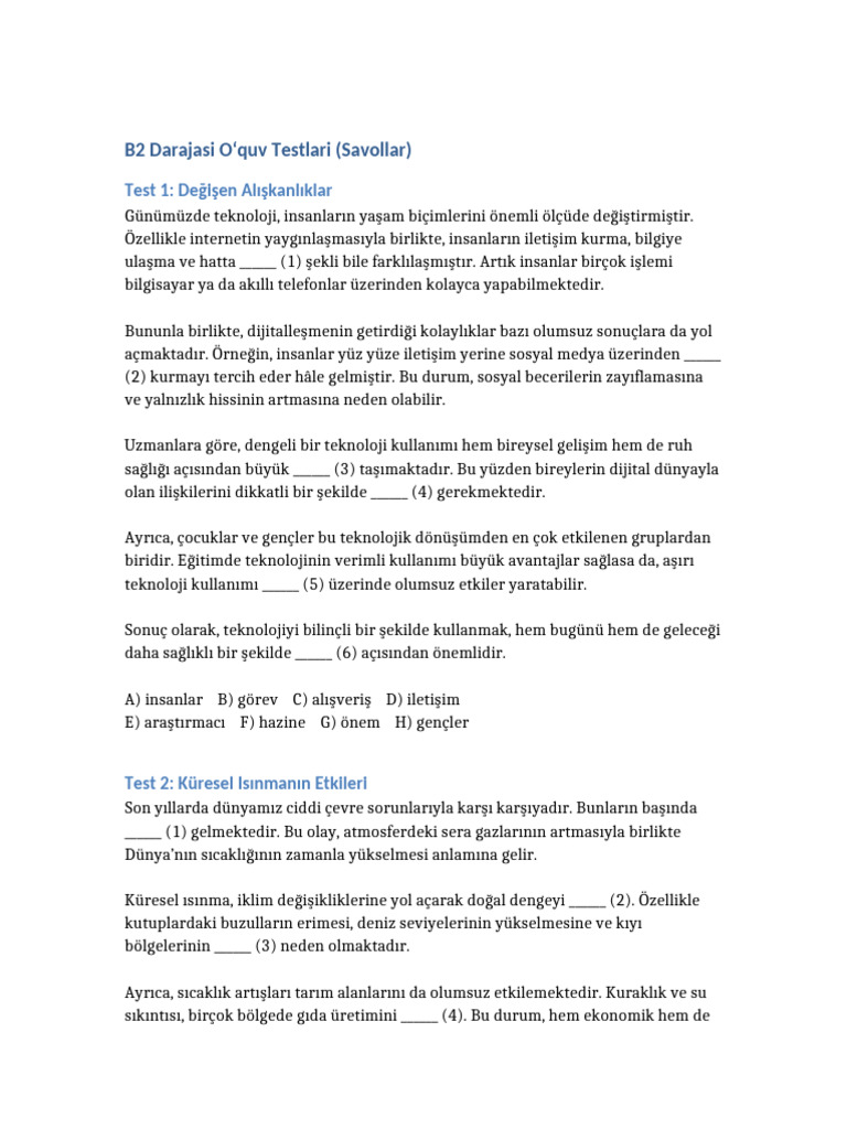 B2 Test Savollari | PDF