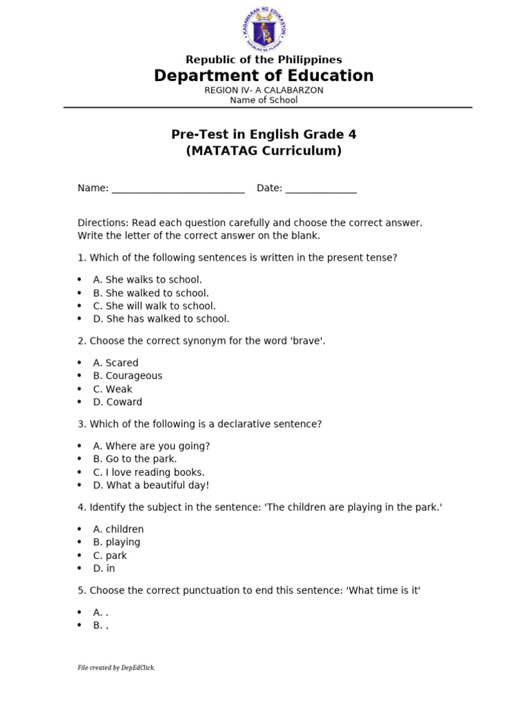Grade 4 English Pre-Test Guide | PDF | Verb | Semantic Units