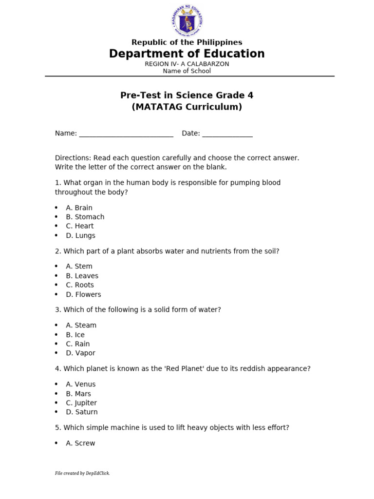 Grade 4 Science Pre-Test Questions | PDF | Earth | Water