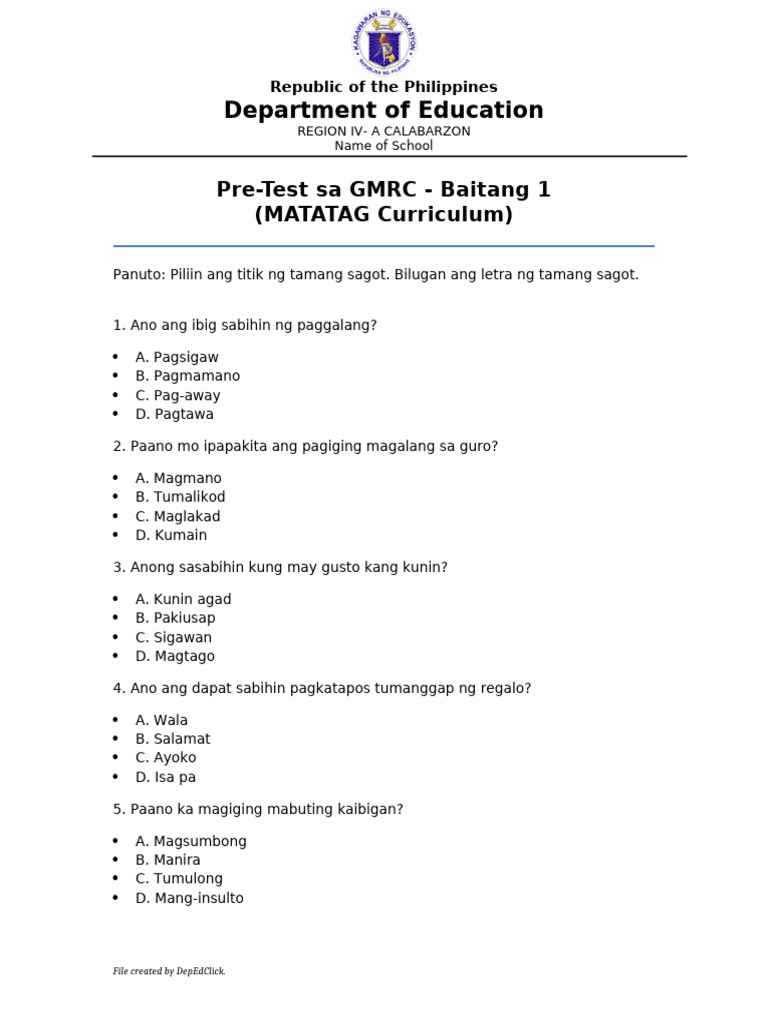 GMRC Grade1 PreTest DepEdClick | PDF