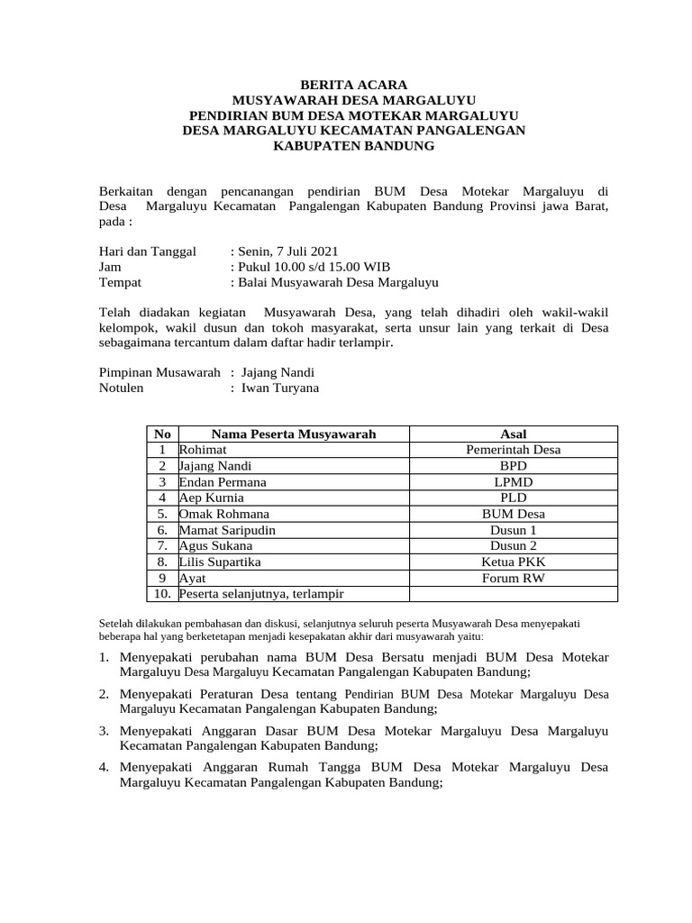 BERITA ACARA Musdesus BUM Desa Margaluyu | PDF