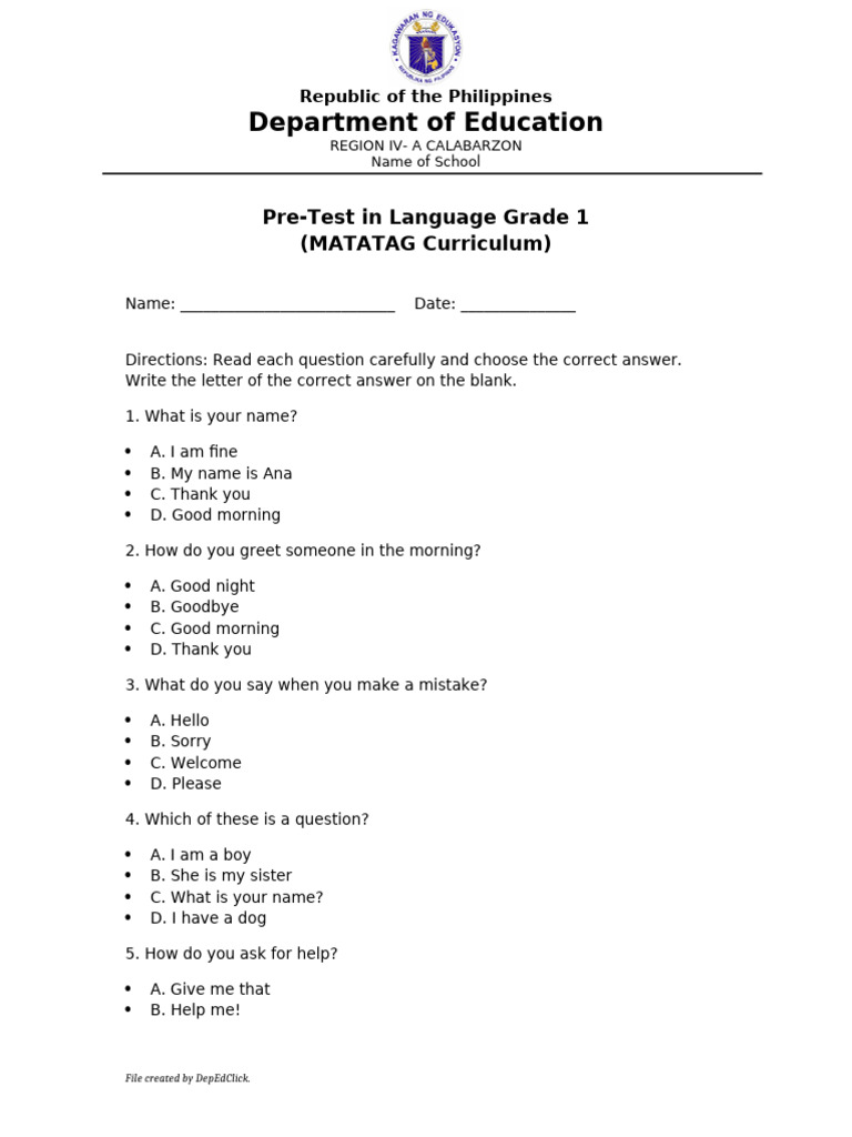 Language Grade1 PreTest DepEdClick | PDF | Chess Openings | Chess Theory