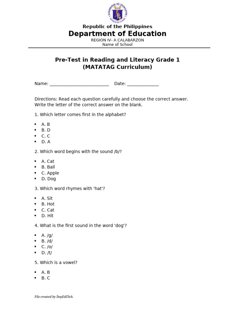 Grade 1 Reading Pre-Test Guide | PDF | Linguistics