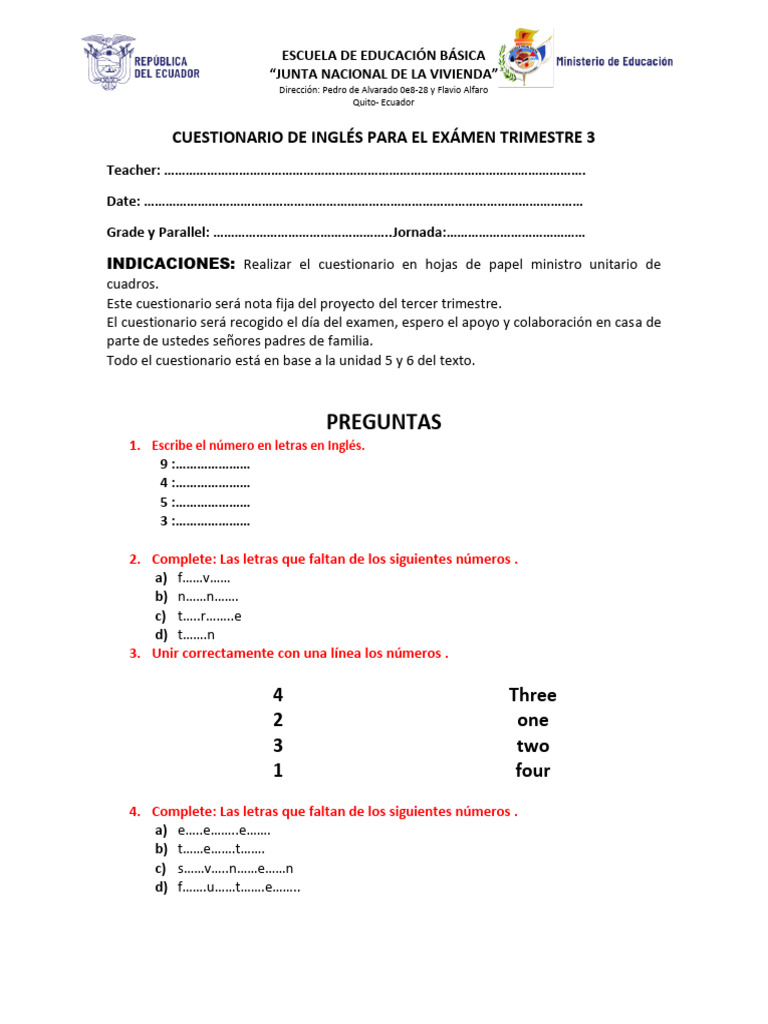 Cuestionario de Inglés 2do para El Examen Trimestre 3 | PDF