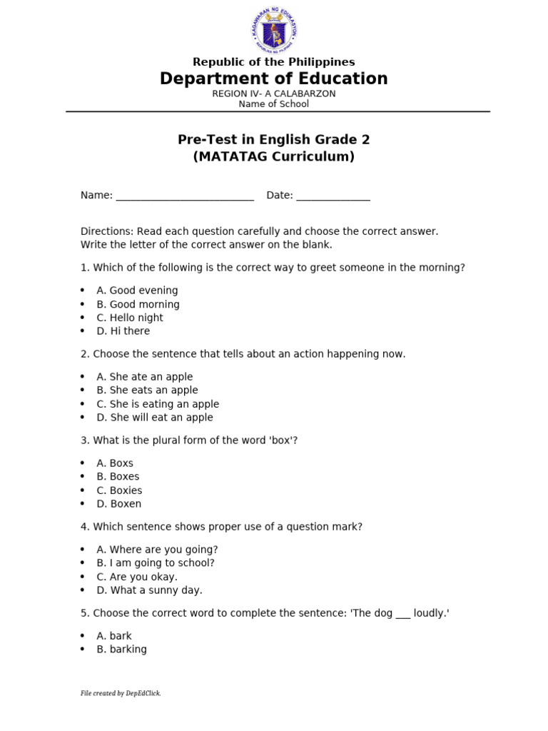 Grade 2 English Pre-Test Answer Key | PDF | Linguistics | Grammar