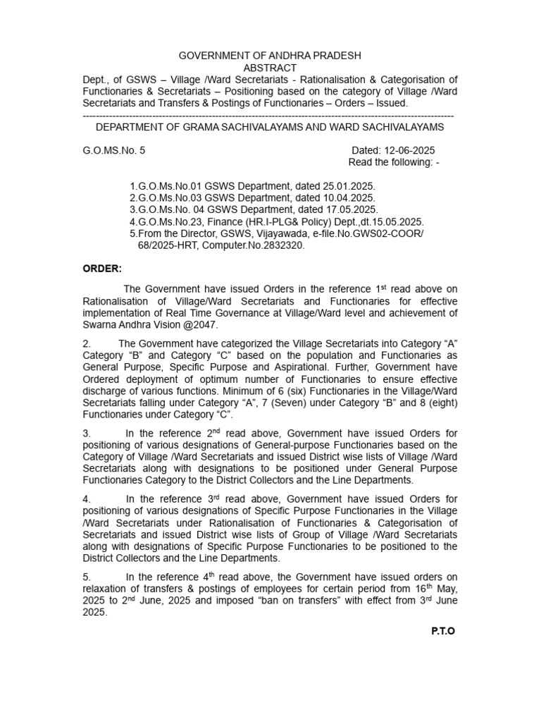 GSWS Functionaries Rationalization Orders | PDF