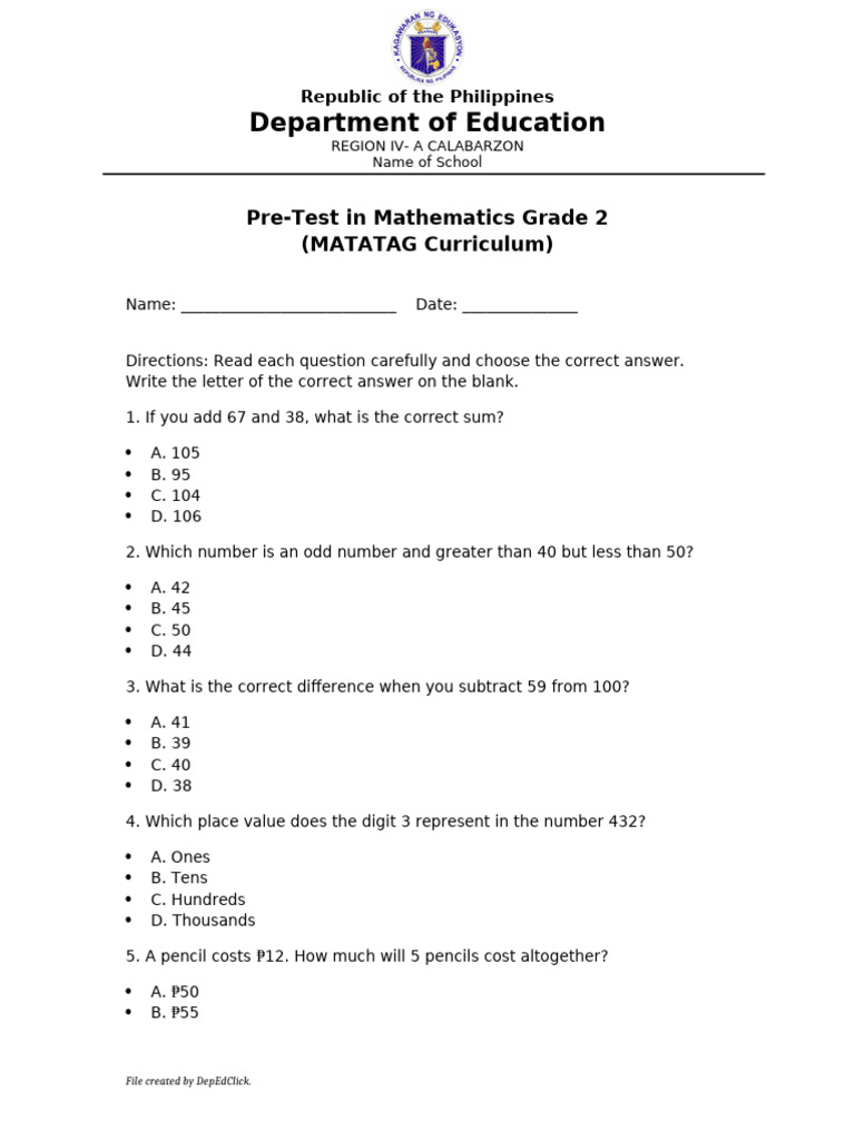 Grade 2 Math Pre-Test (MATATAG) | PDF | Arithmetic | Elementary Mathematics