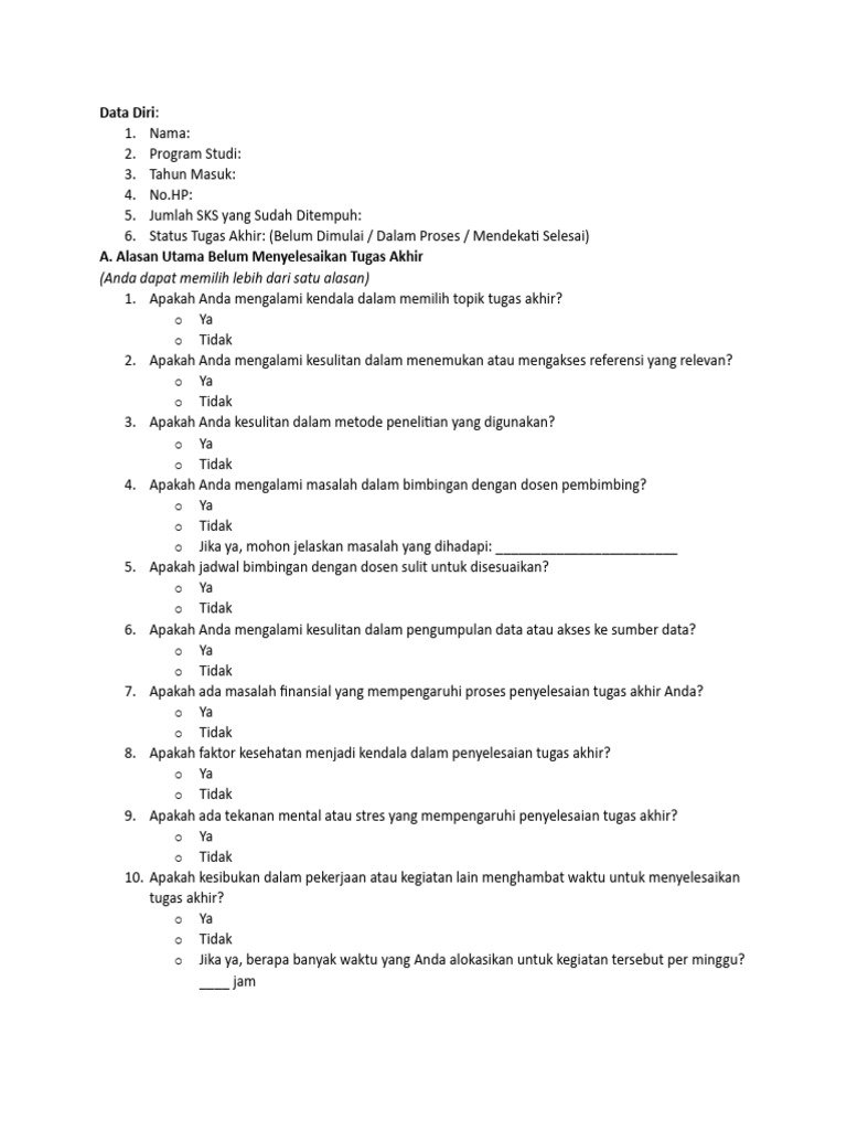 Kuisioner Penyelesaian Tugas Akhir Mahasiswa | PDF