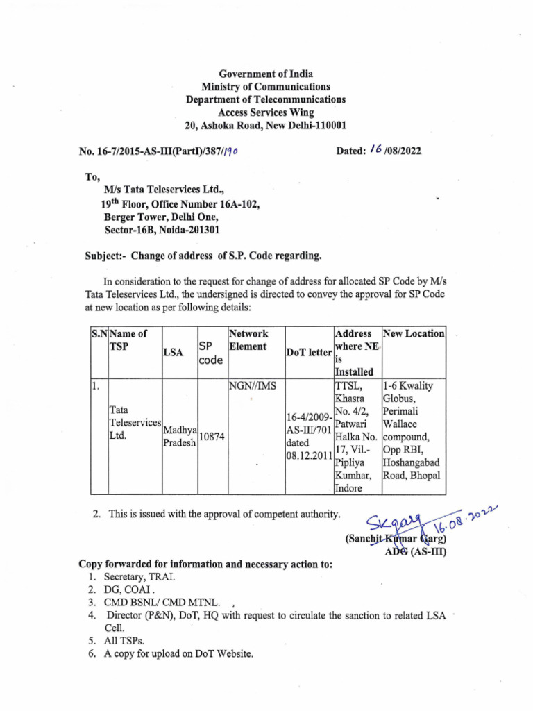 Approval of SP Code Address Change | PDF