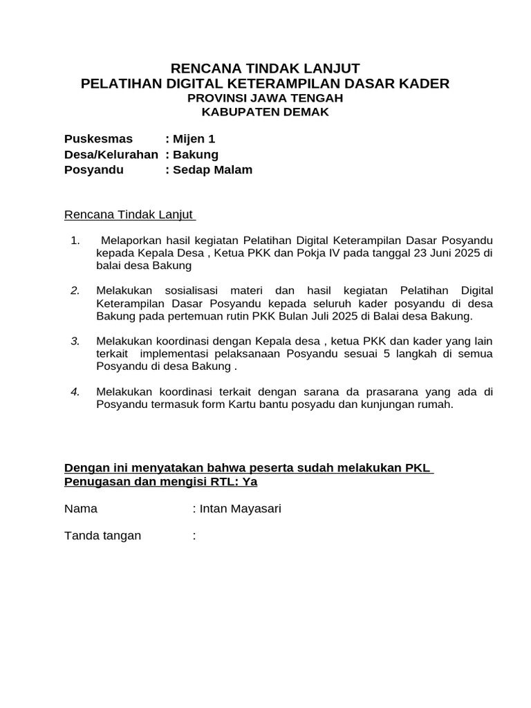 Formulir RTL Pelatihan Kader 2025 | PDF