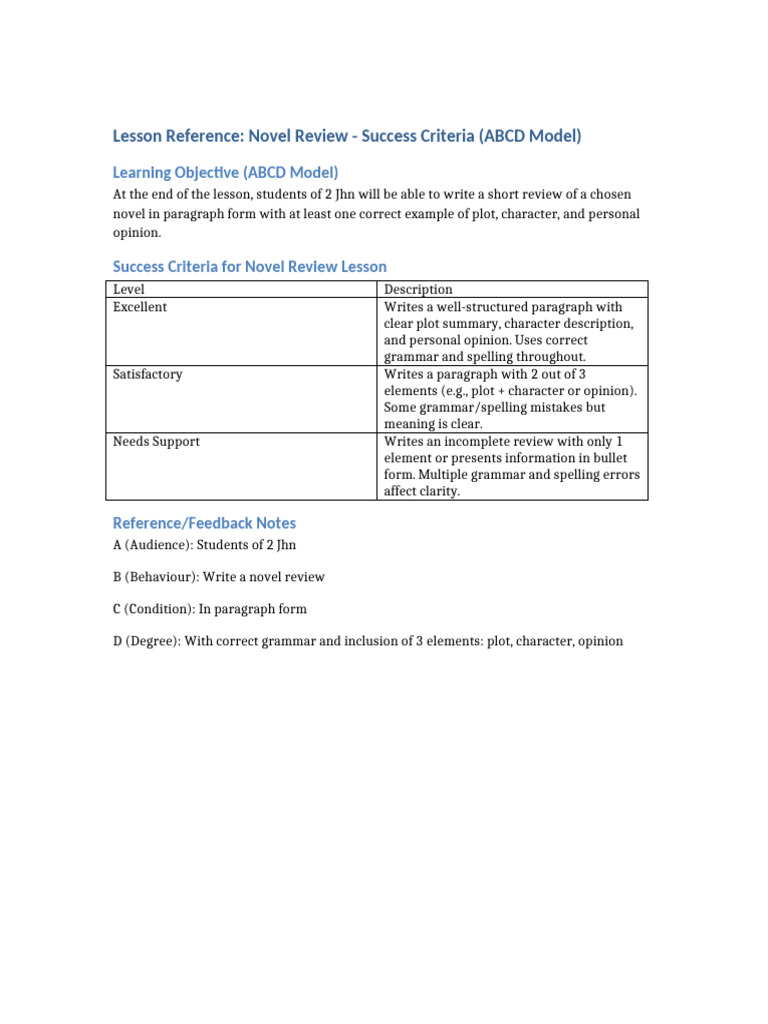 Novel Review Success Criteria | PDF