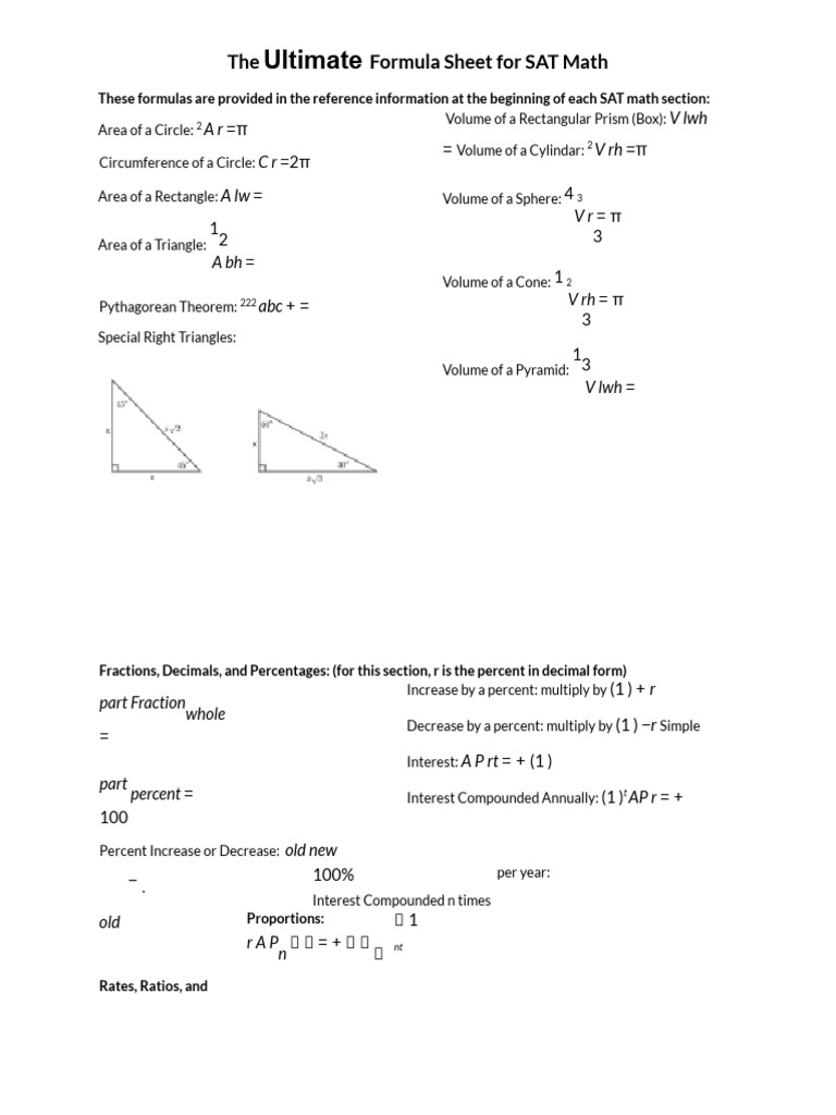 SAT Math Formula Reference Sheet | PDF | Area | Angle