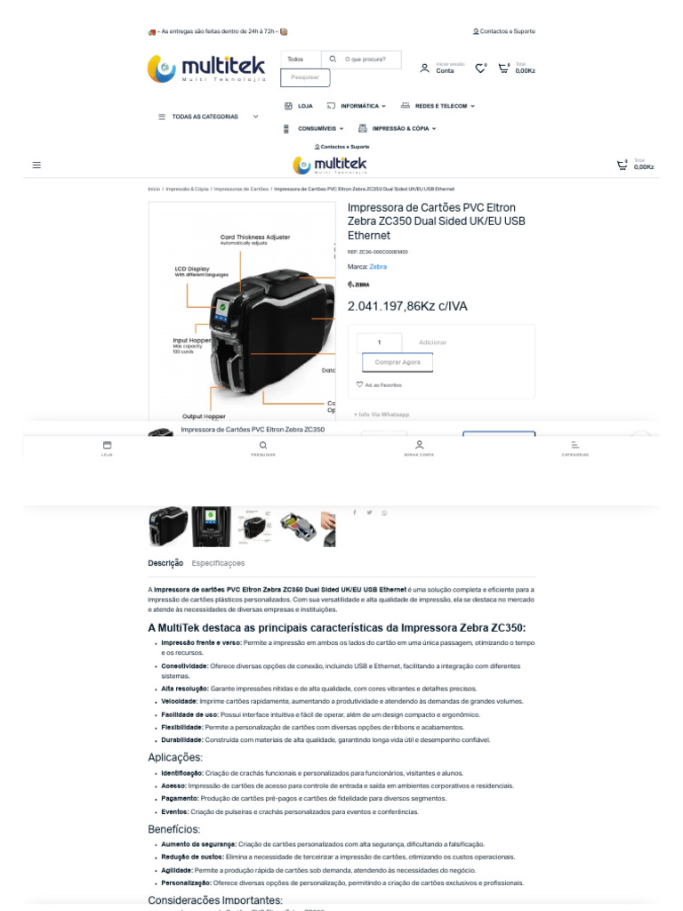 Impressora de Cartões Zebra ZC350 Dual Sided - MultiTek | PDF | Impressora (informática) | Impressão