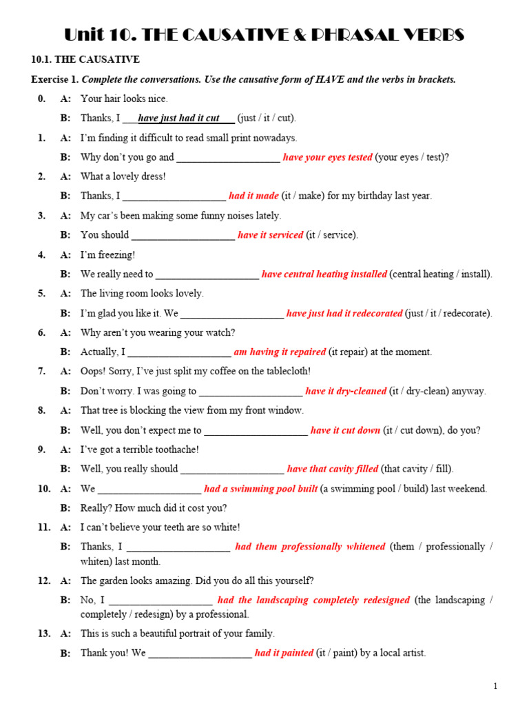 (HW) Unit 10. Causative Verb Patterns & Phrasal Verbs. KEYED | PDF ...