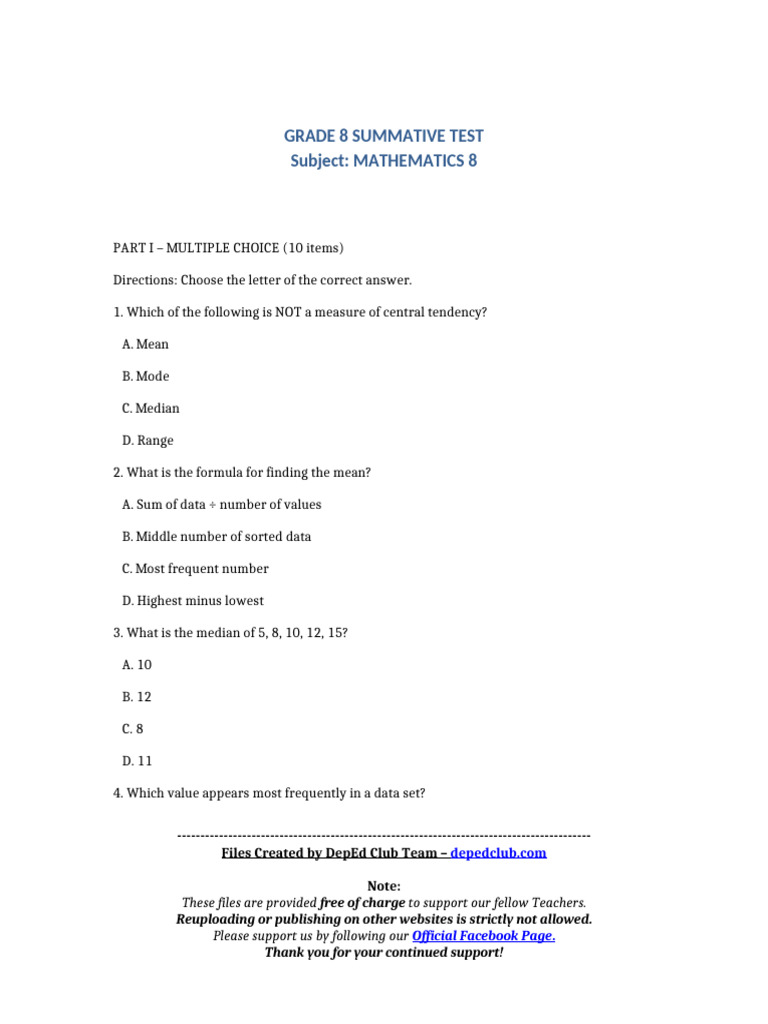 Grade 8 Mathematics Test on Central Tendency | PDF | Mean | Mode ...