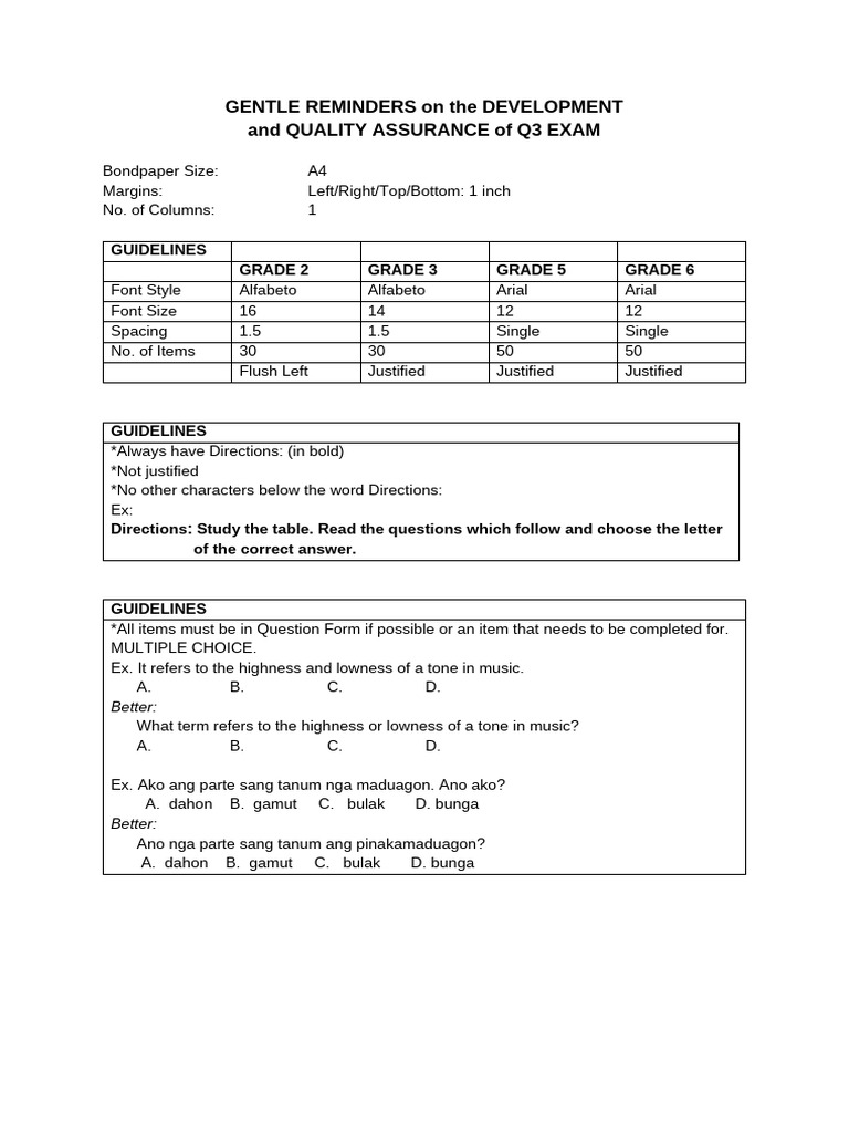 Gentle Reminders On The Development and Quality Assurance of q3 Exam ...