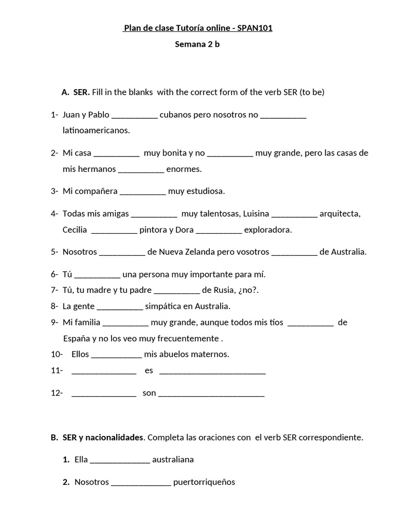 Plan de Clase: Uso del Verbo SER en Español | PDF