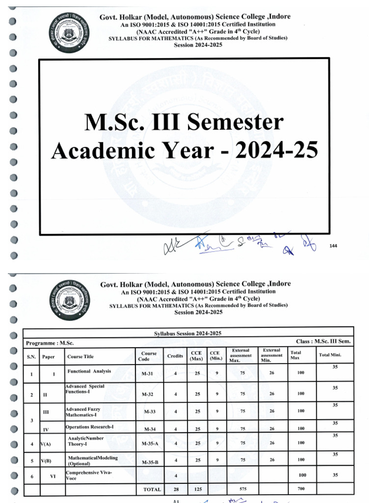 MSC III SEMESTER Syllabus COMBINED MATHEMATICS 2024-2025 | PDF