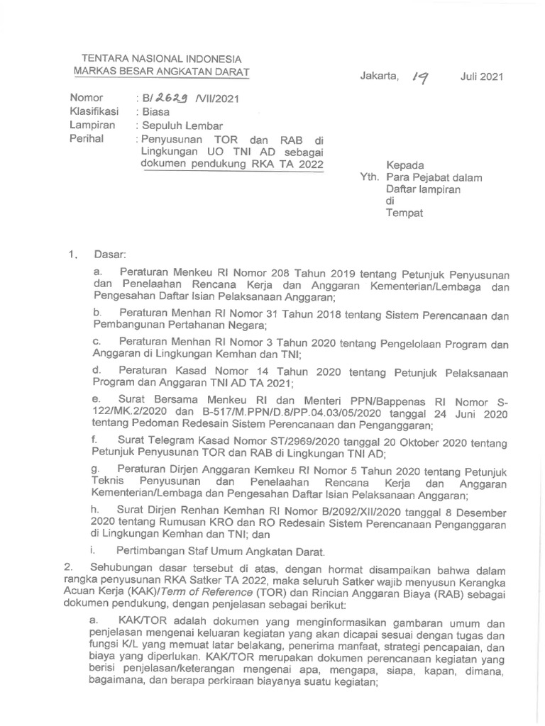 Sun Tor Rab Di Lingk Uo Tni Ad SBG Dok Pendukung Rka Ta 2022 | PDF