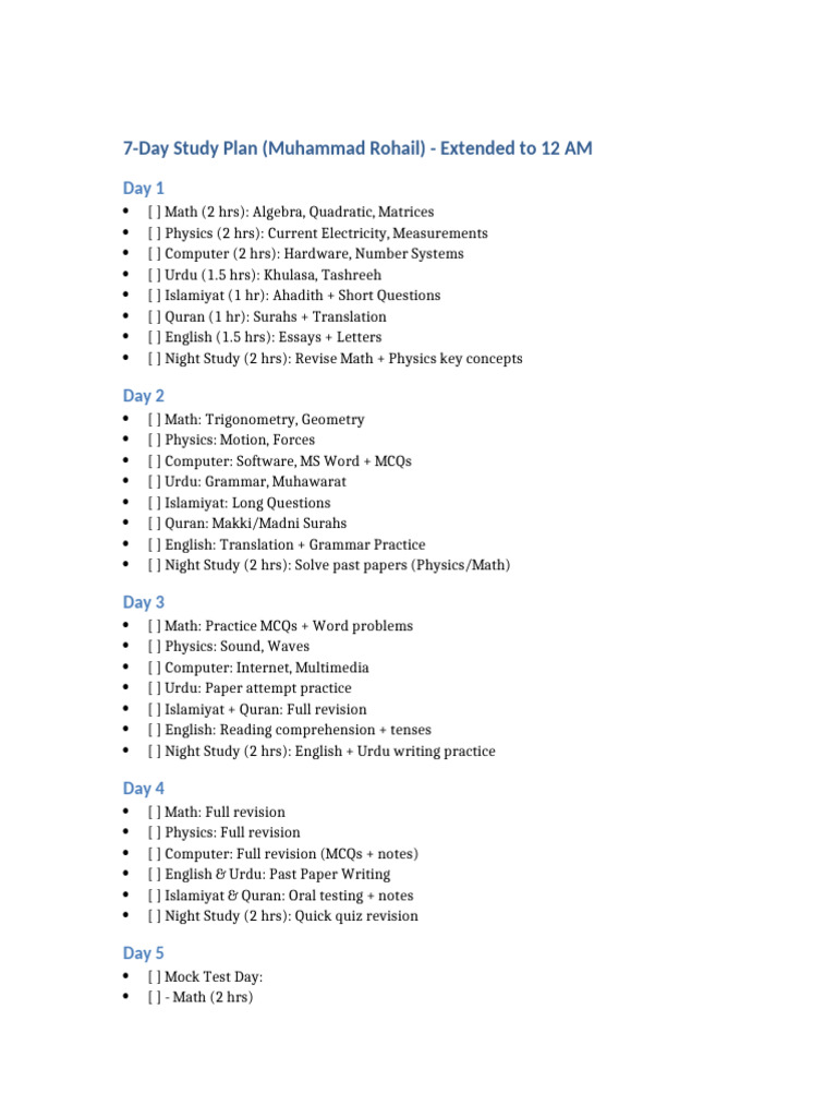 7 Day Study Plan Muhammad Rohail Extended | PDF