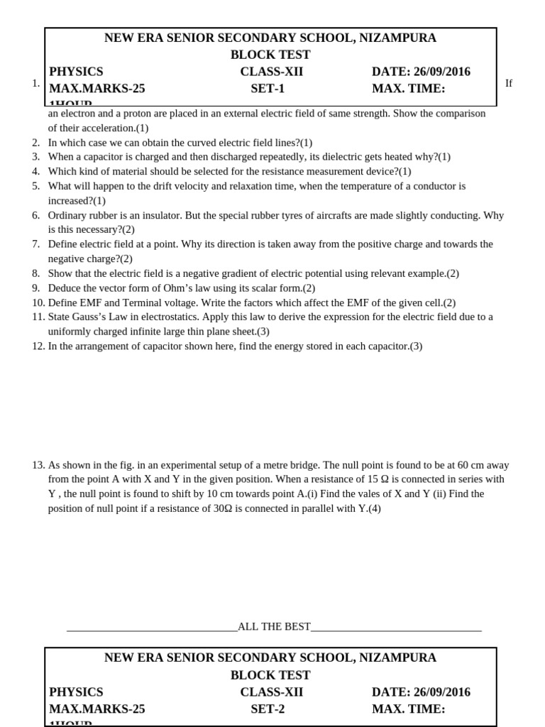 Nesss Monthly Test 2 Xii 2016 17 | PDF | Capacitor | Electric Field