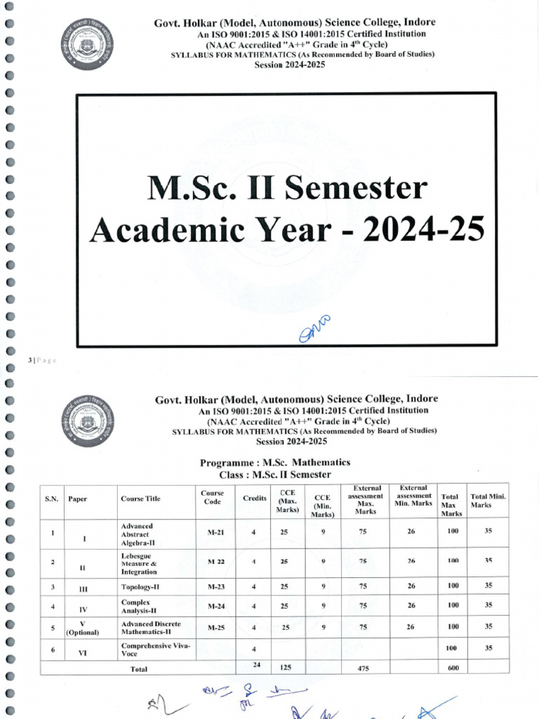 MSC Ii Sem Syllabus Combined Mathematics 2024-2025 | PDF