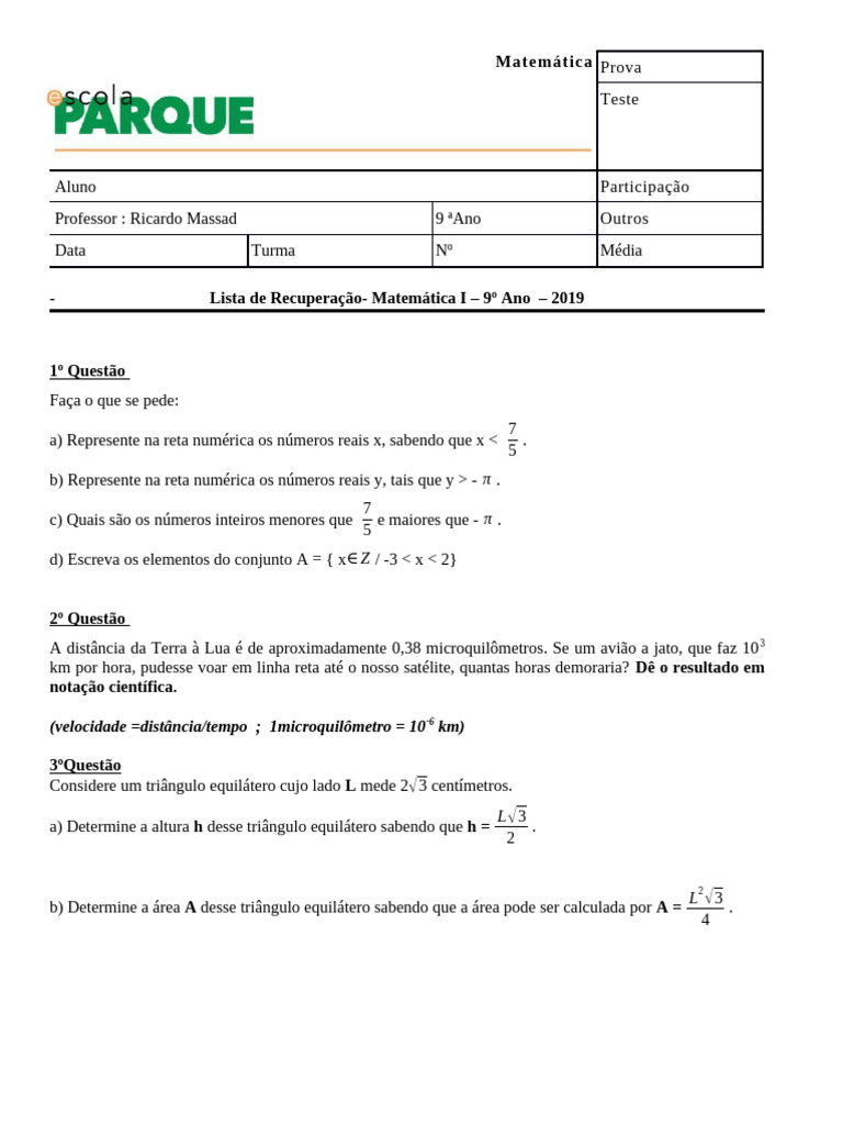 Lista1 9ºano Rec-Mat1 2 | PDF | Números | Matemática