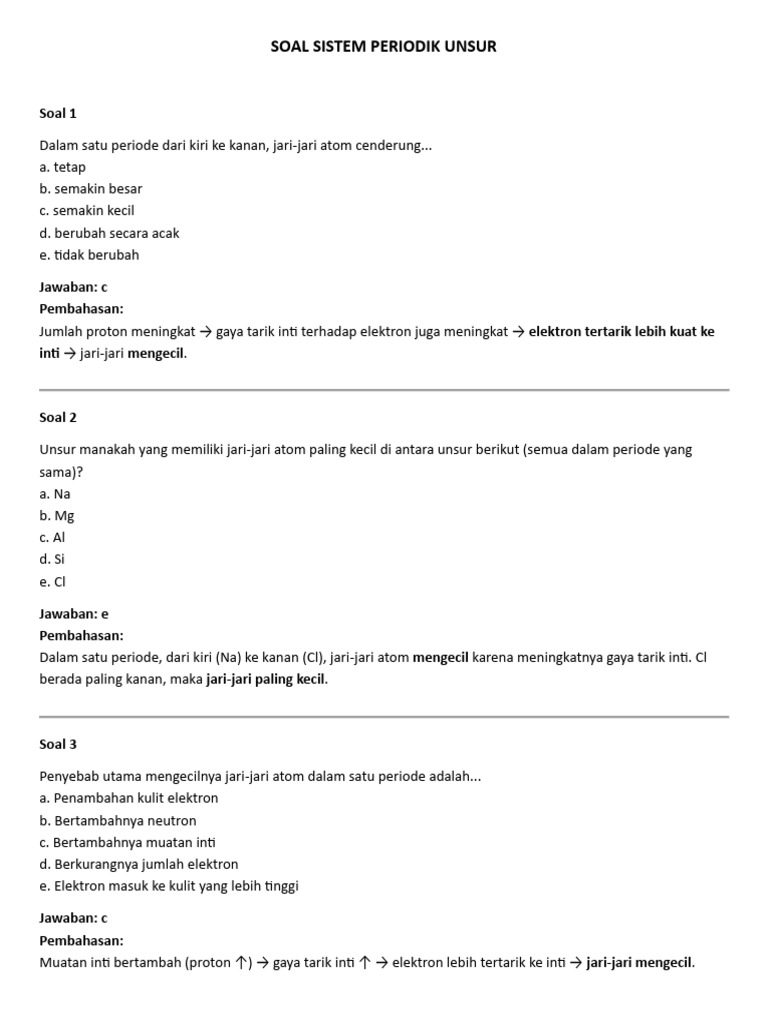 Soal Tambahan Sistem Periodik Unsur | PDF