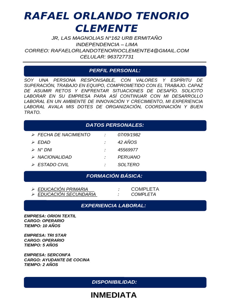 CV Rafael Orlando Tenorio Clemente | PDF