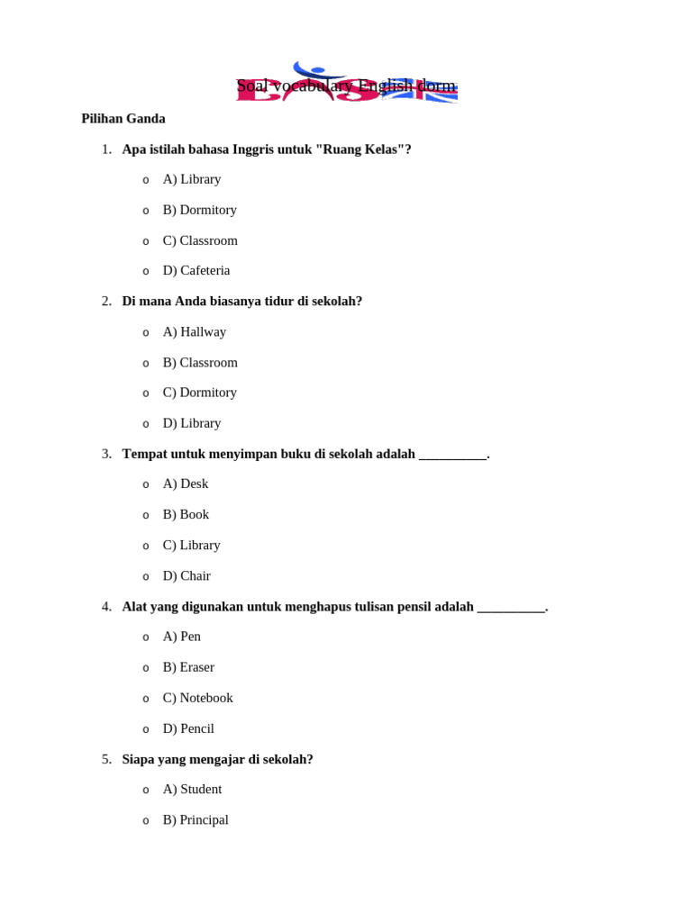 Soal Vocabulary Bahasa Inggris Sekolah | PDF