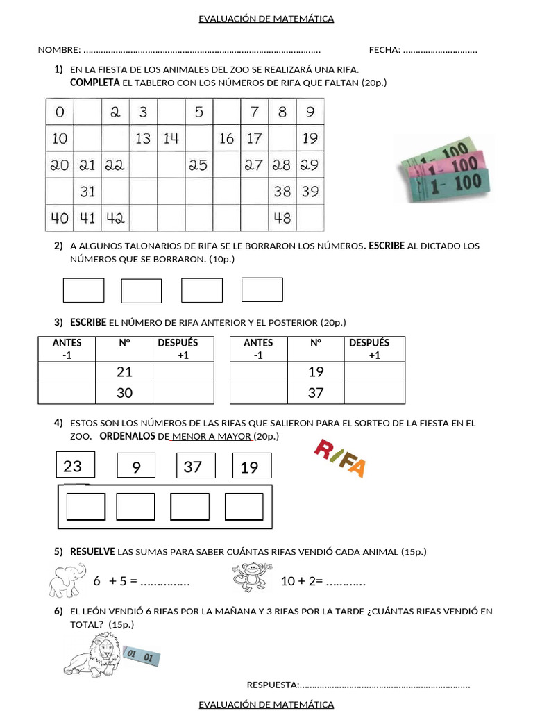 EVALUACIÓN DE MATEMÁTICA PRIMER GRADO | PDF