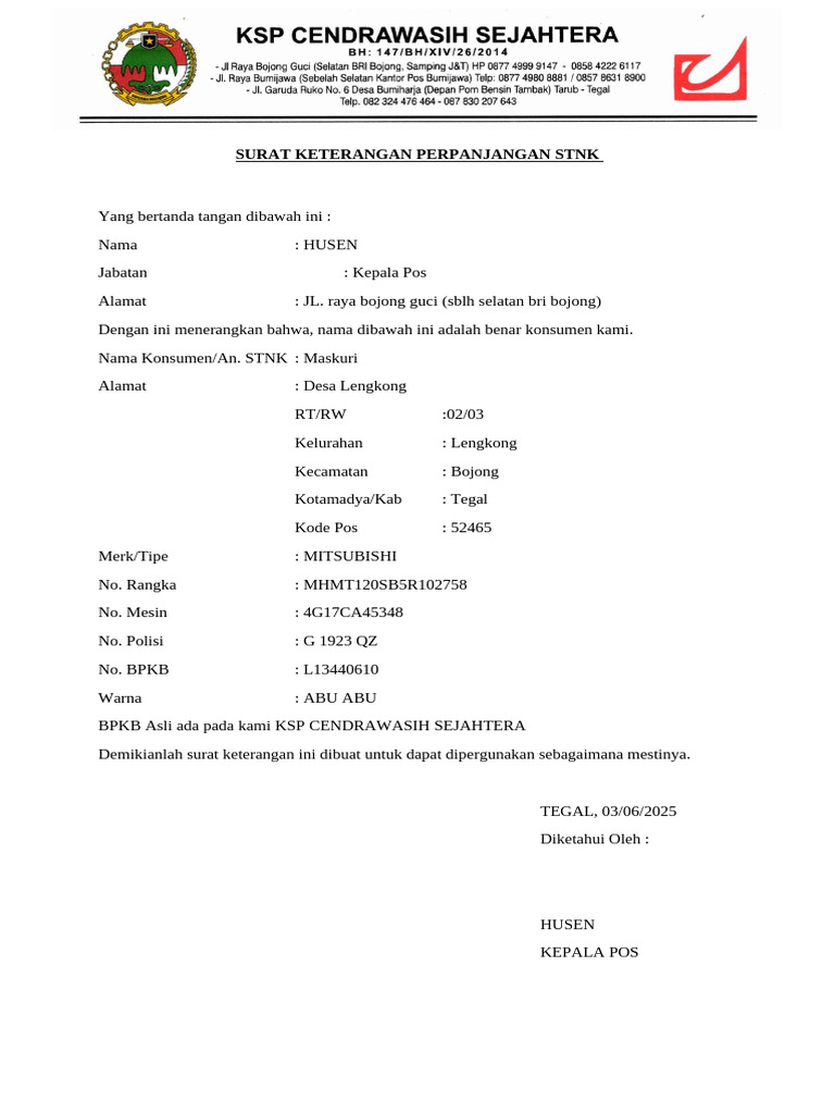 Surat Keterangan Perpanjangan STNK KSP Cendrawasih Sejahtera | PDF