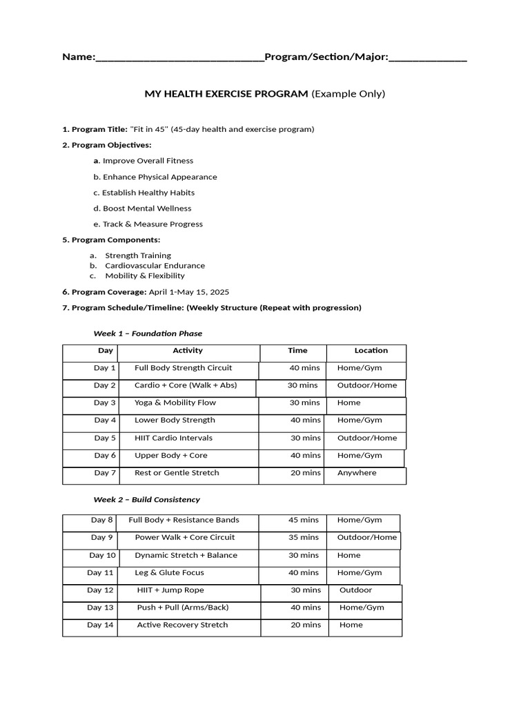 Sample of Helath Exercise Plan | PDF | Strength Training | High ...