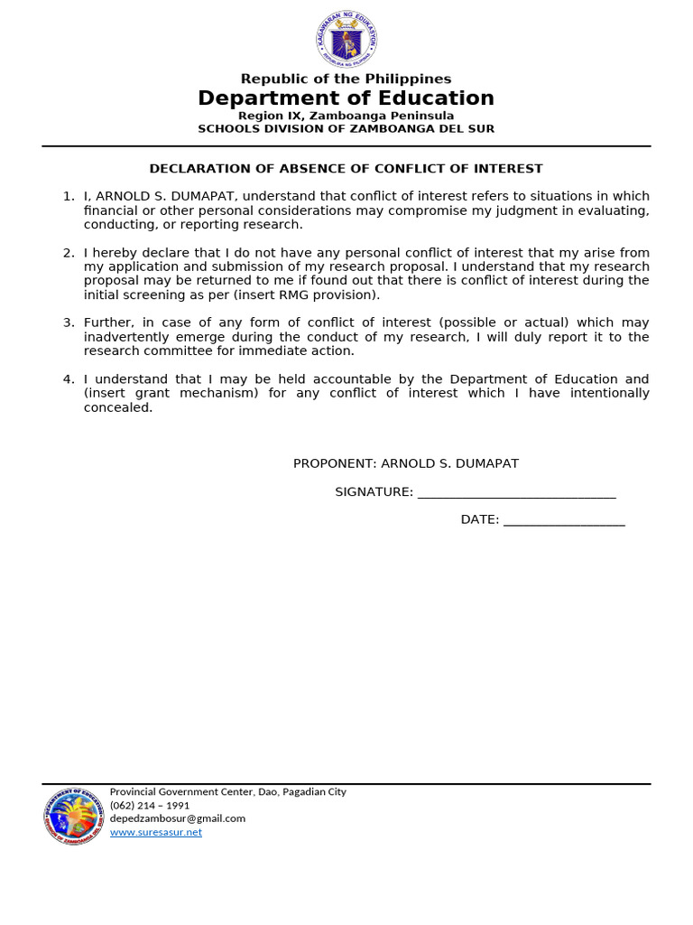 Declaration of Absence of Conflict of Interest | PDF