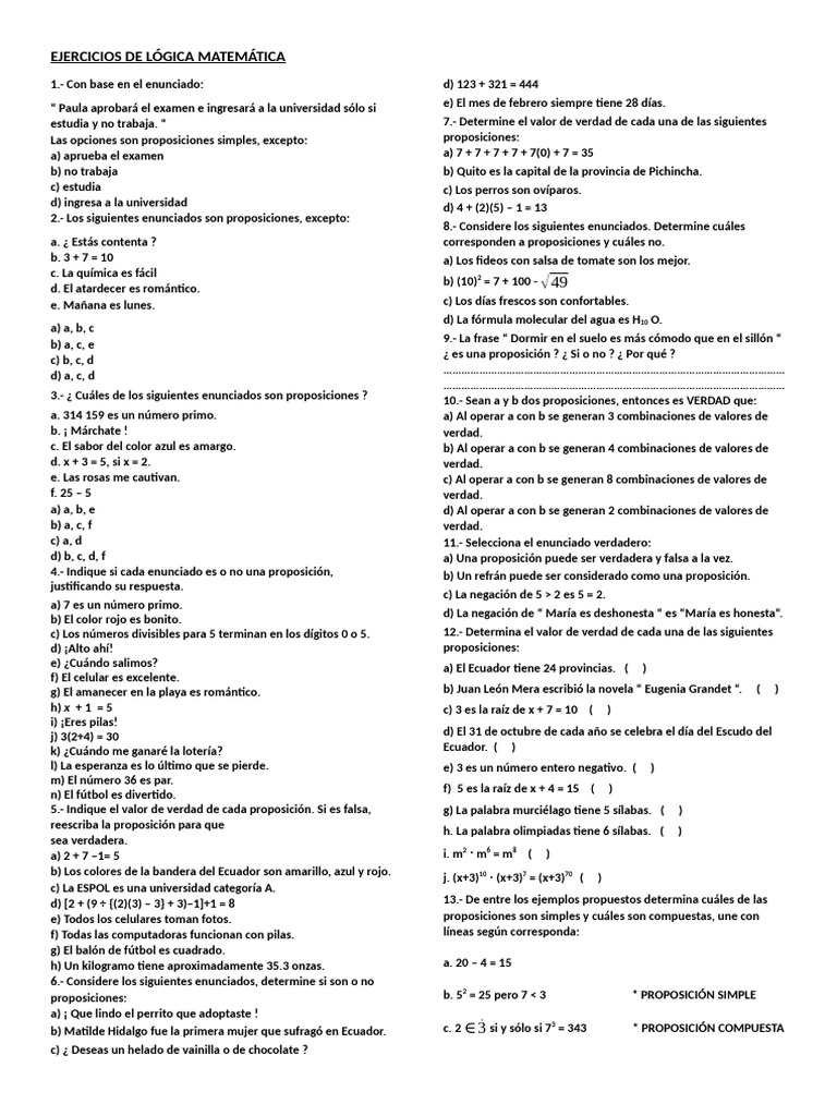 Ejercicios de Lógica Matemática | PDF | Proposición | Lógica
