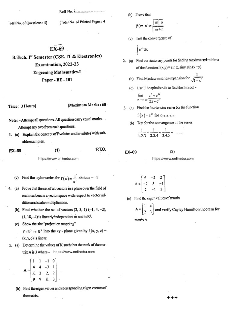 Btech 1 Sem Mathematics Engineering Ex 72 2023 | PDF