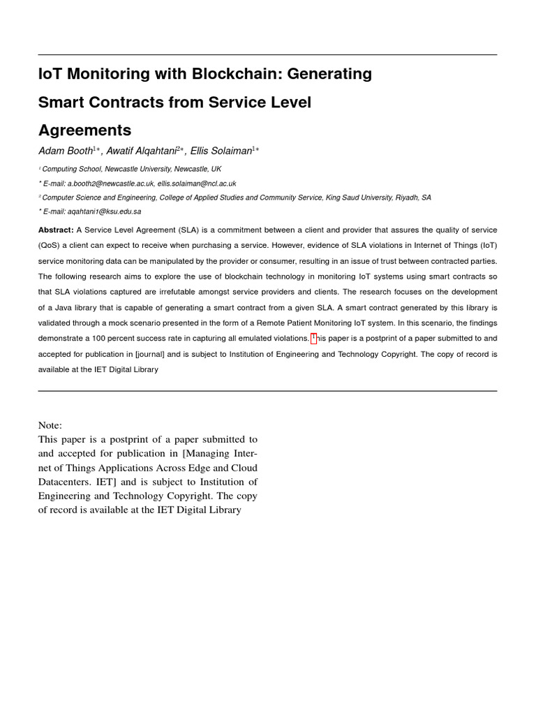 Iot Monitoring With Blockchain: Generating Smart Contracts From Service Level Agreements | PDF ...