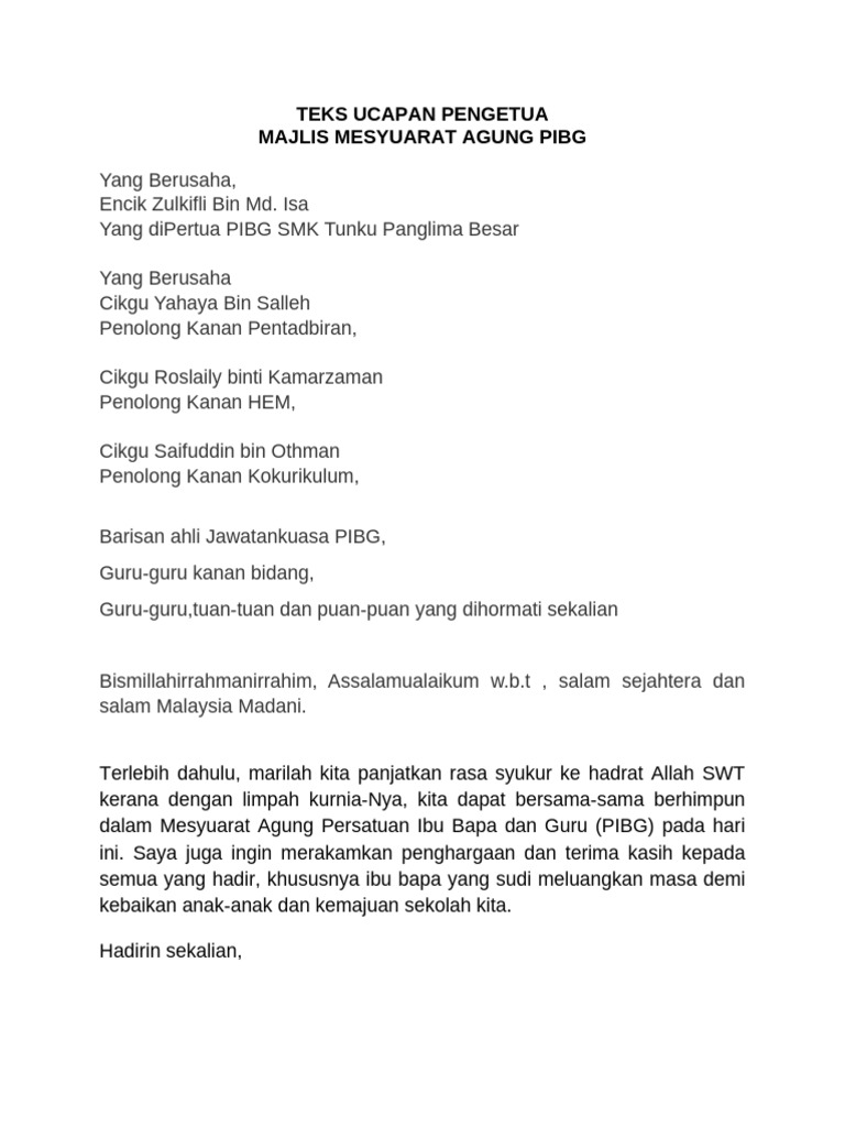 Teks Ucapan Pengetua Dan Ydp Pibg | PDF