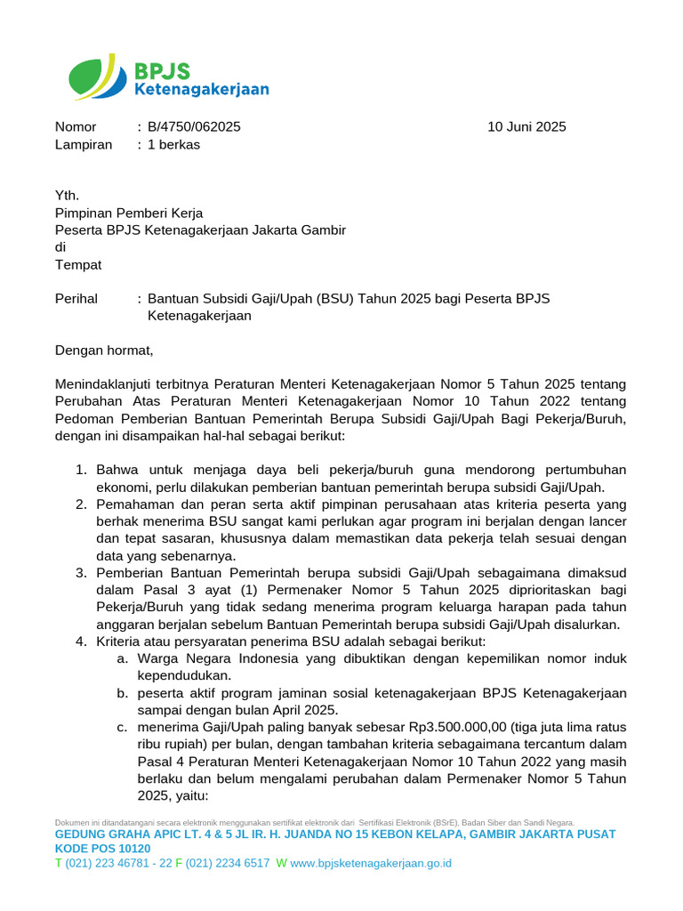 B 4750 062025 - Bantuan Subsidi Upah Tahun 2025 Bagi Peserta BPJS Ketenagakerjaan | PDF