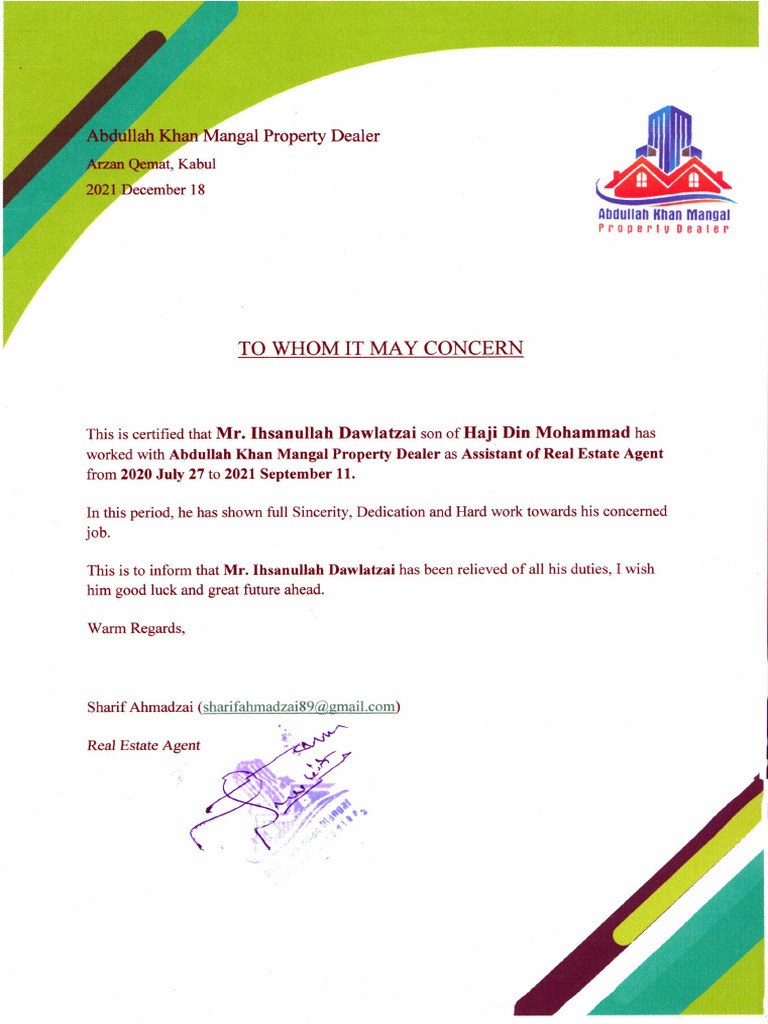 Experience Letter From Property Dealer | PDF