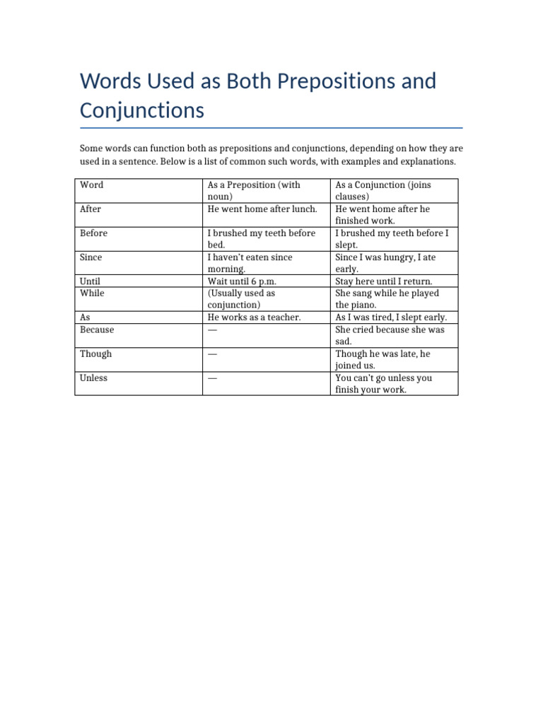 Preposition vs Conjunction Dual Usage | PDF