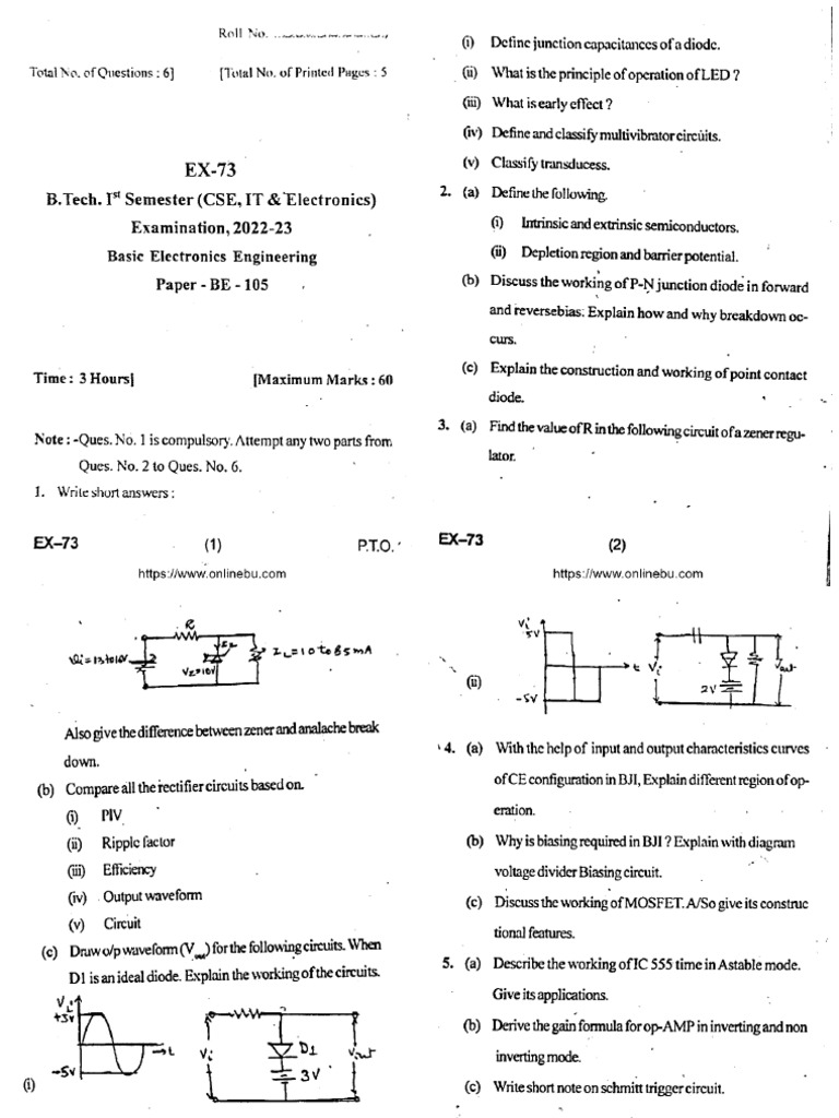 Btech 1 Sem Basic Electronics Engineering Ex 73 2023 | PDF