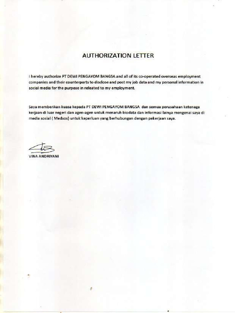 Authorized Letter Vina Andriyani | PDF