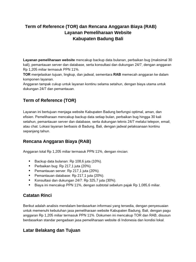 TOR n RAB Pemeliharaan Website Badung (Final) | PDF