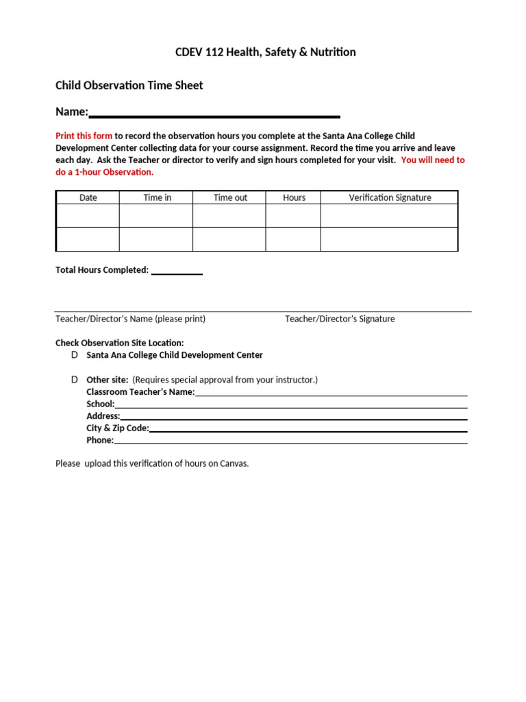 CDEV 112 Observation Student Time Sheet (1) | PDF