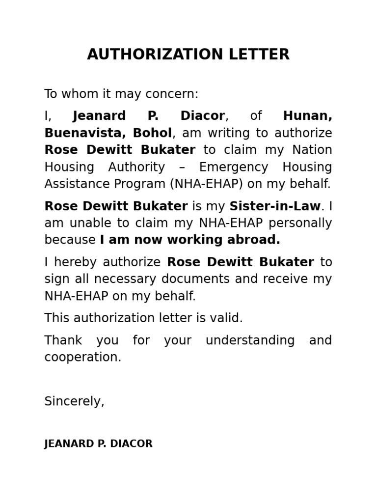 NHA-EHAP Authorization Letter | PDF