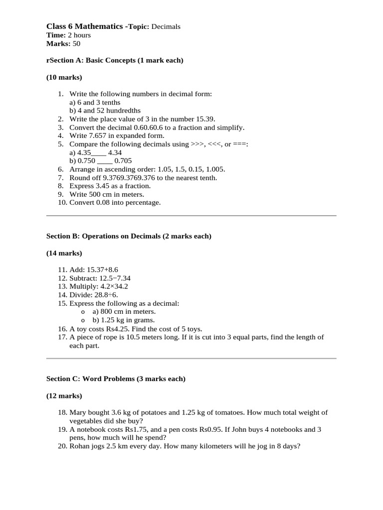 Class 6 Mathematics Decimals Test | PDF | Numbers | Arithmetic