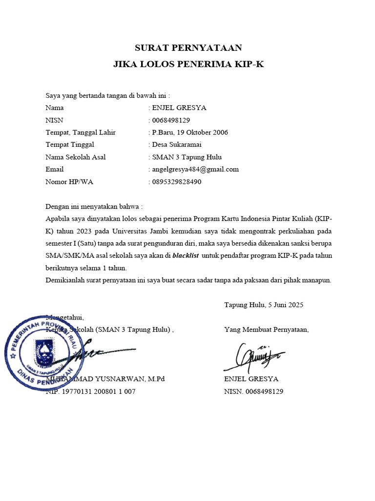 Surat Bersedia Dikeluarkan Dari KIPK ENJEL | PDF