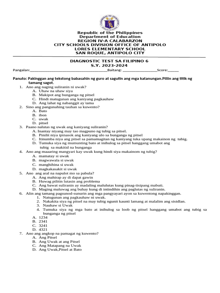 Diagnostic Test Filipino 6 | PDF