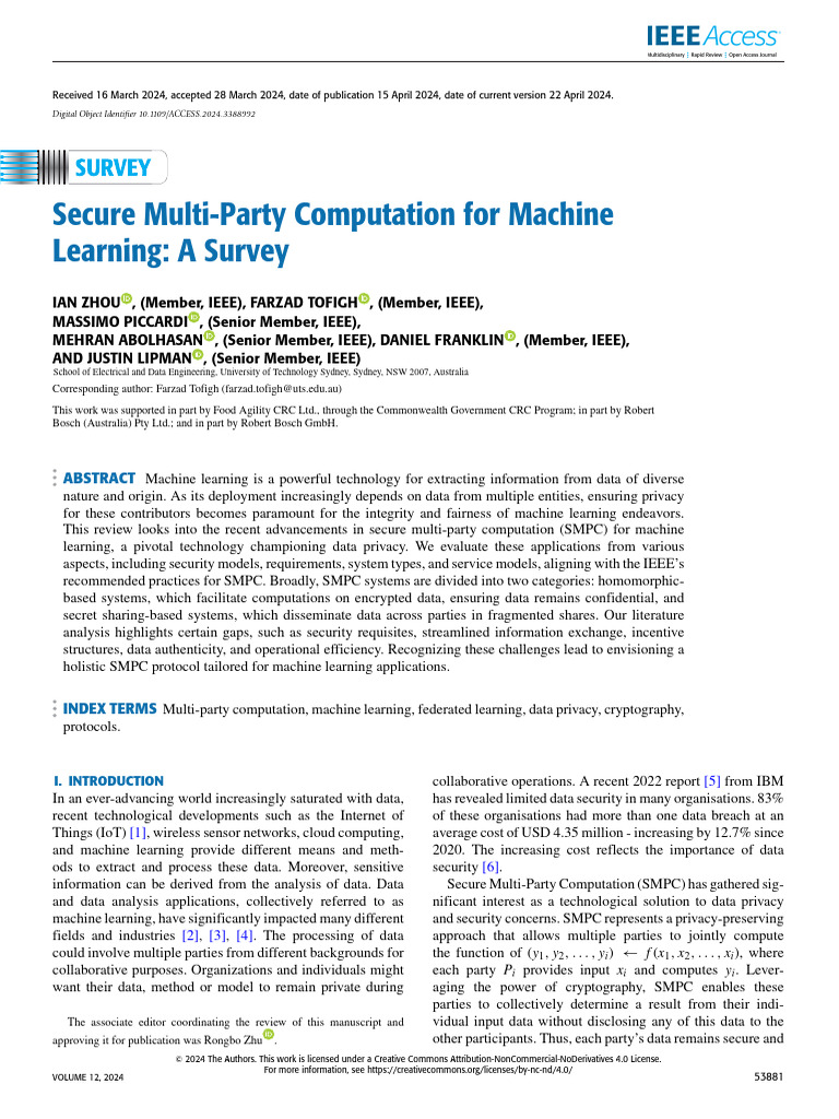 Secure Multi-Party Computation For Machine Learning A Survey | PDF | Encryption | Machine Learning